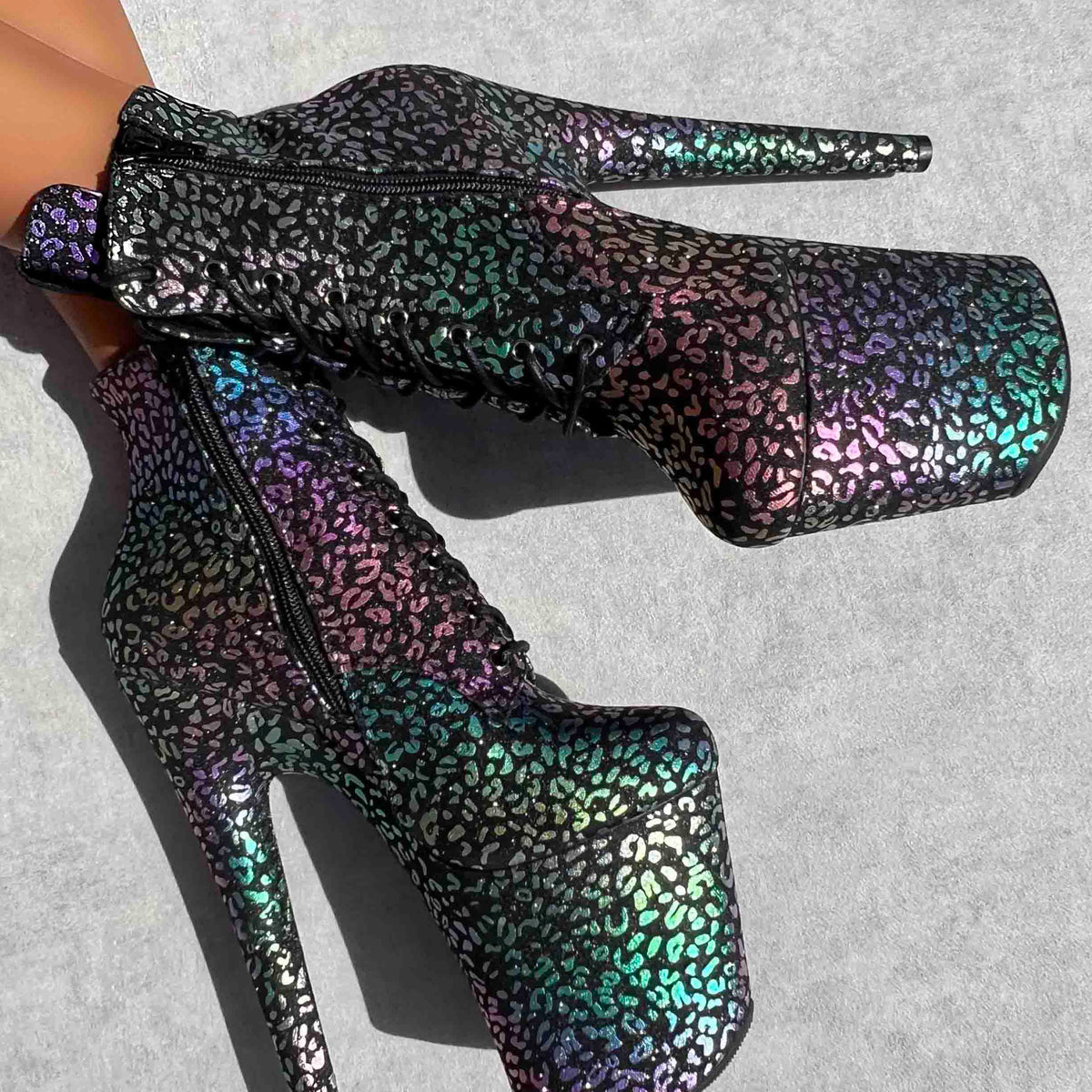 Hella Heels Moonlight Leopard 8inch Low Ankle Boots - Iridescent – Pole ...