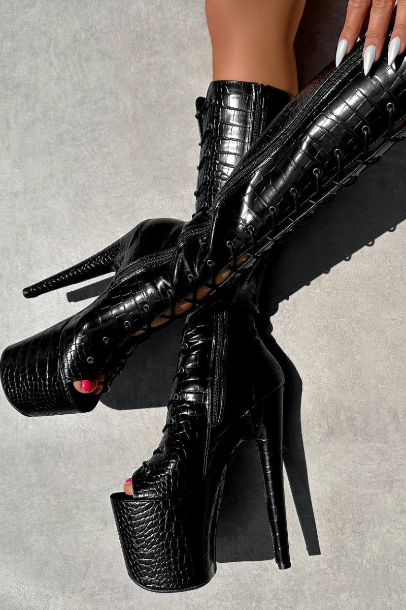 Hella Heels Cold Blooded Black Open Toe Knee High Boots - 8inch — Pole ...